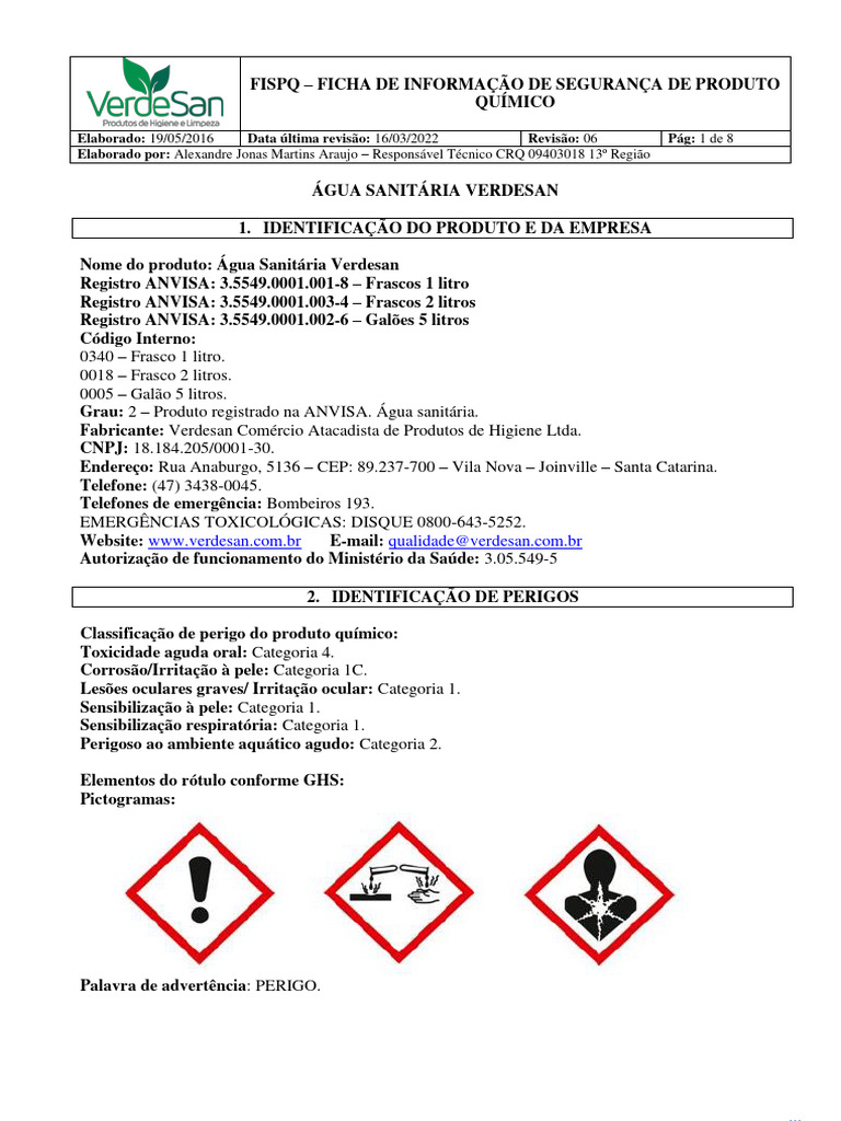 Fispq Água Sanitária | PDF | Vapor | Cloreto de polivinila (PVC)