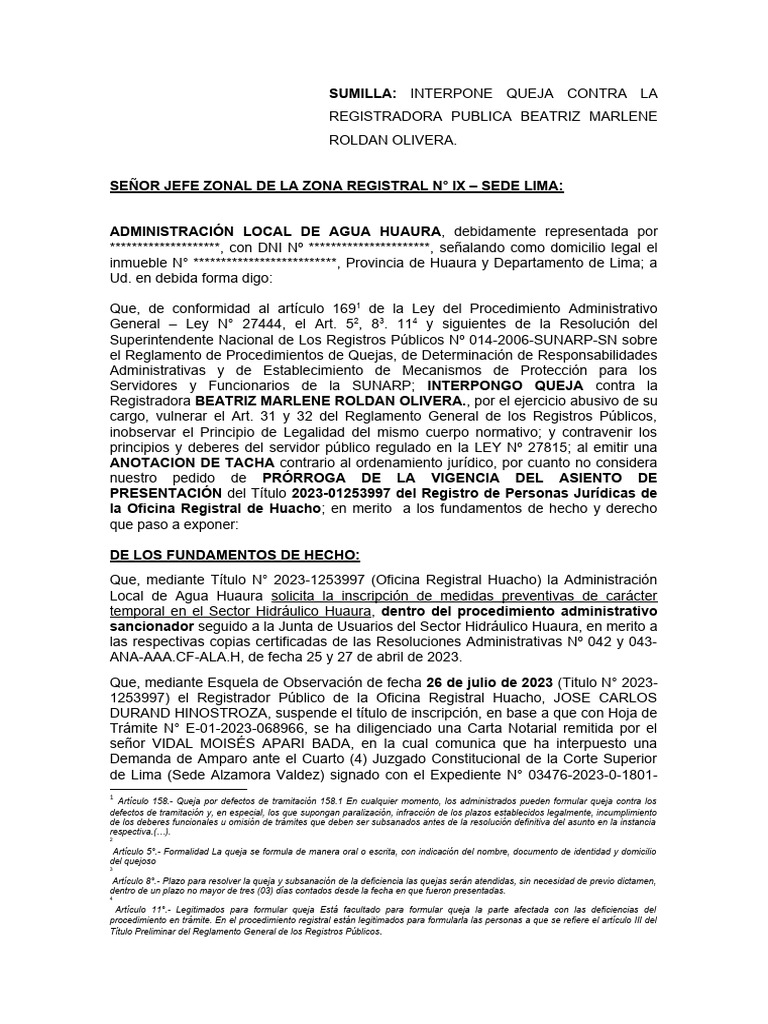 Queja Sunarp Huacho | PDF | Demanda judicial | Jurisdicción
