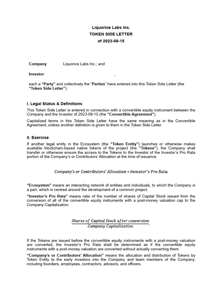Token Side Letter for Investors | PDF | Stocks | Valuation (Finance)