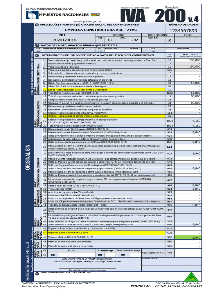 Formulario 200 IVA Agropecuario Bolivia | PDF | Impuesto al valor ...