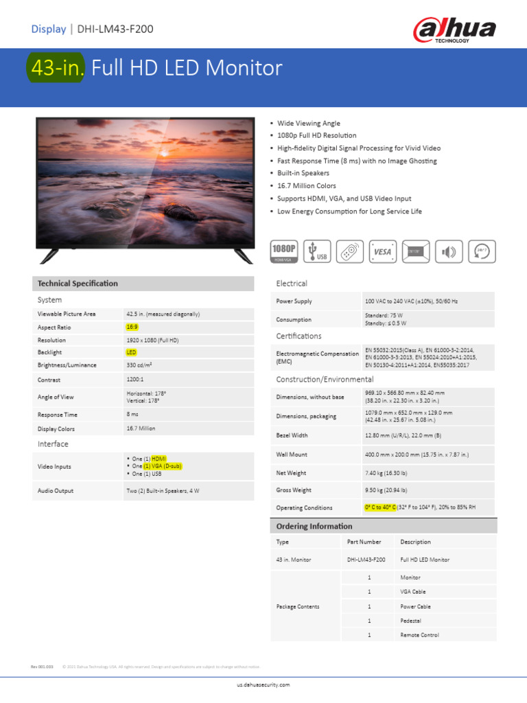 Monitor 43 Pulgadas - Datasheet - Dhi-Lm43-F200 - Final | PDF | Computer Monitor | Hdmi