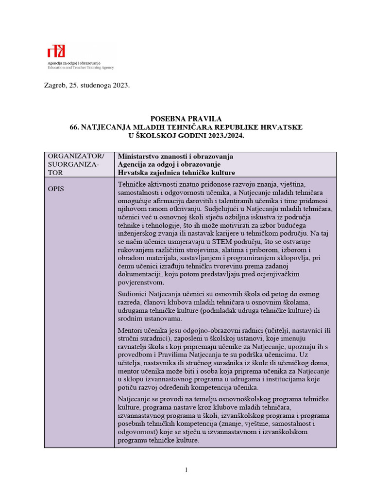 Posebna Pravila 66natjecanja Mladih Tehnicara RH 20232024 | PDF
