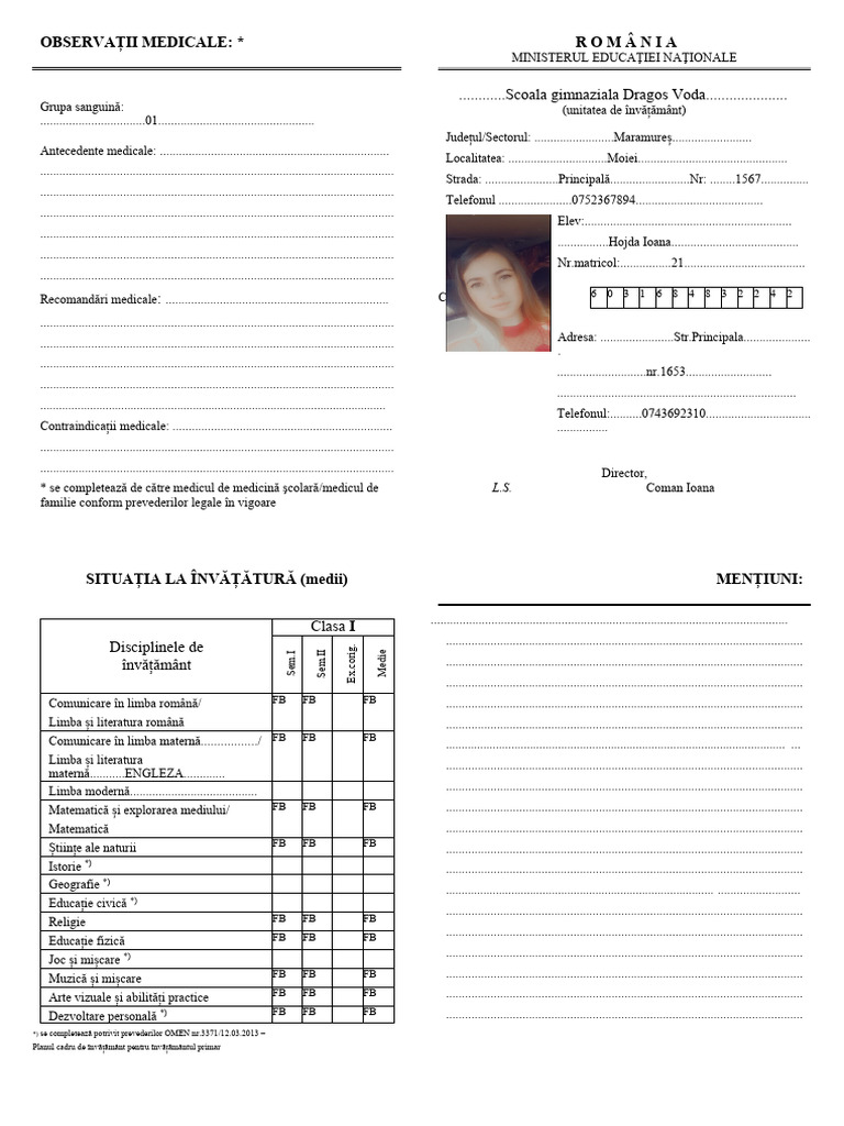 Carnet Elev Invatamant Primar PDF | PDF