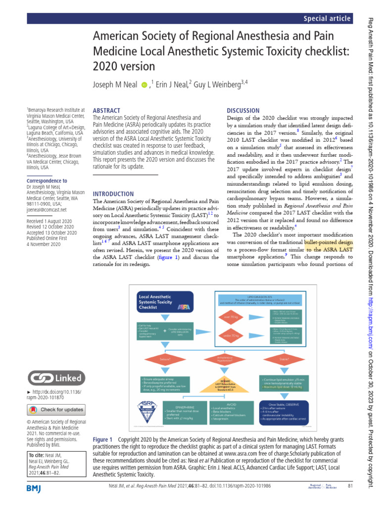 ASRA Medicine Local Anesthetic Systemic Toxicity Checklist | PDF ...
