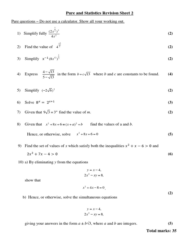 Pure and Statistics Revision Sheet 2 | PDF | Teaching Methods & Materials