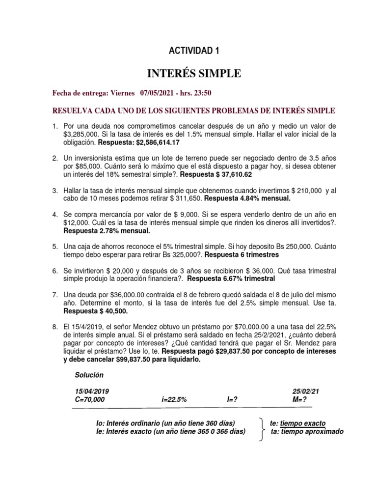 Actividad 1 - Interés Simple - Ejercicios Resueltos | PDF | Tasas de interés | Finanzas personales