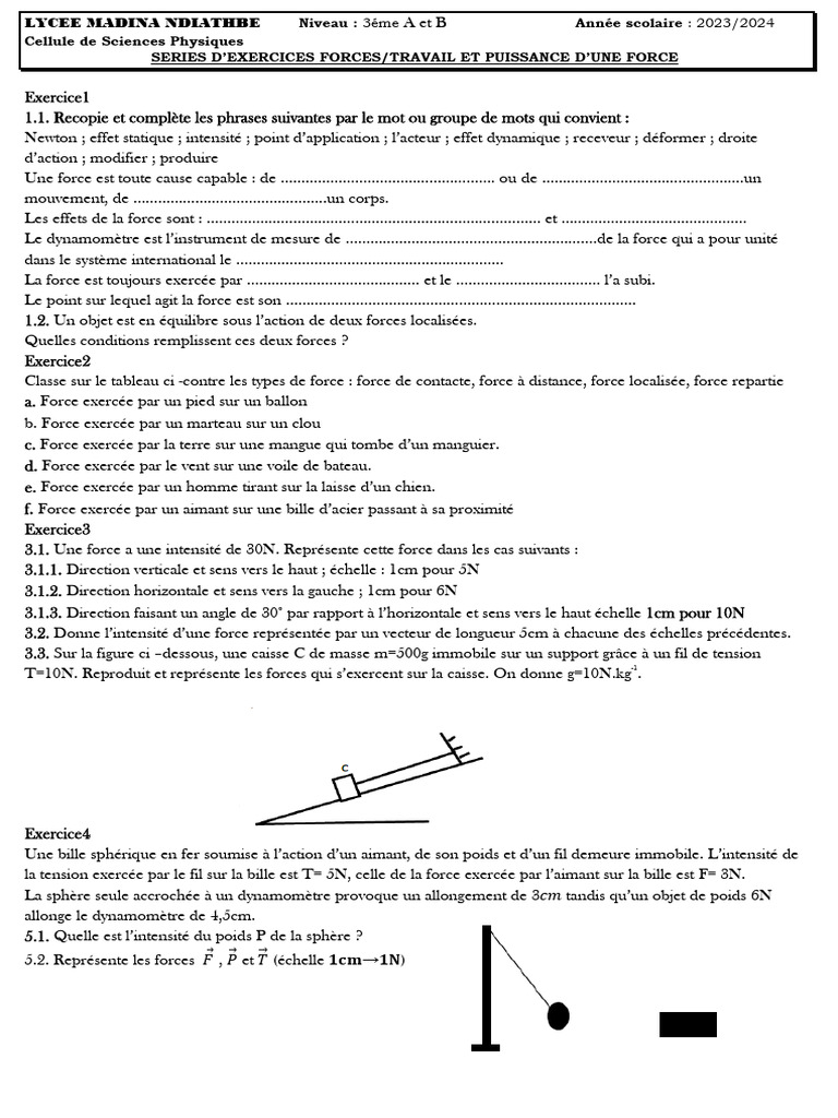 Serie Exercices Force Et Travail Puissance | PDF | Obliger | Puissance (physique)