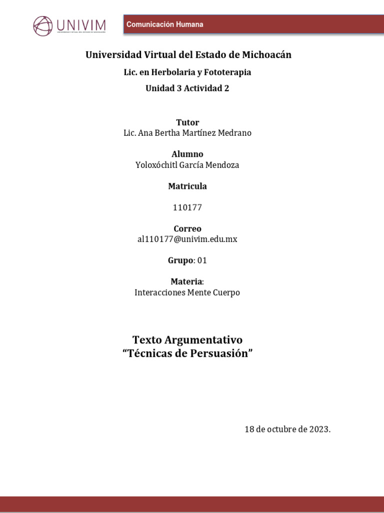 YOLOXOCHITLGARCIA - U3 - ACT2 - Técnicas de Persuasión | PDF | Persuasión | Hablar en público