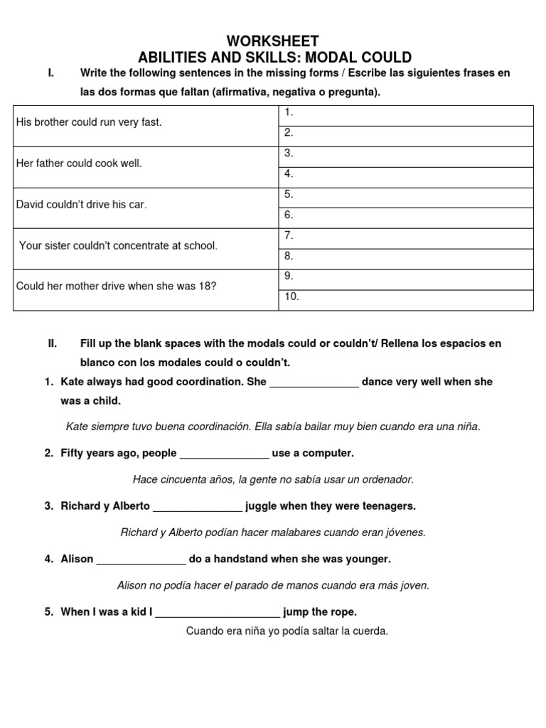 Ejercicios sobre "Could" y "Couldn't" | PDF