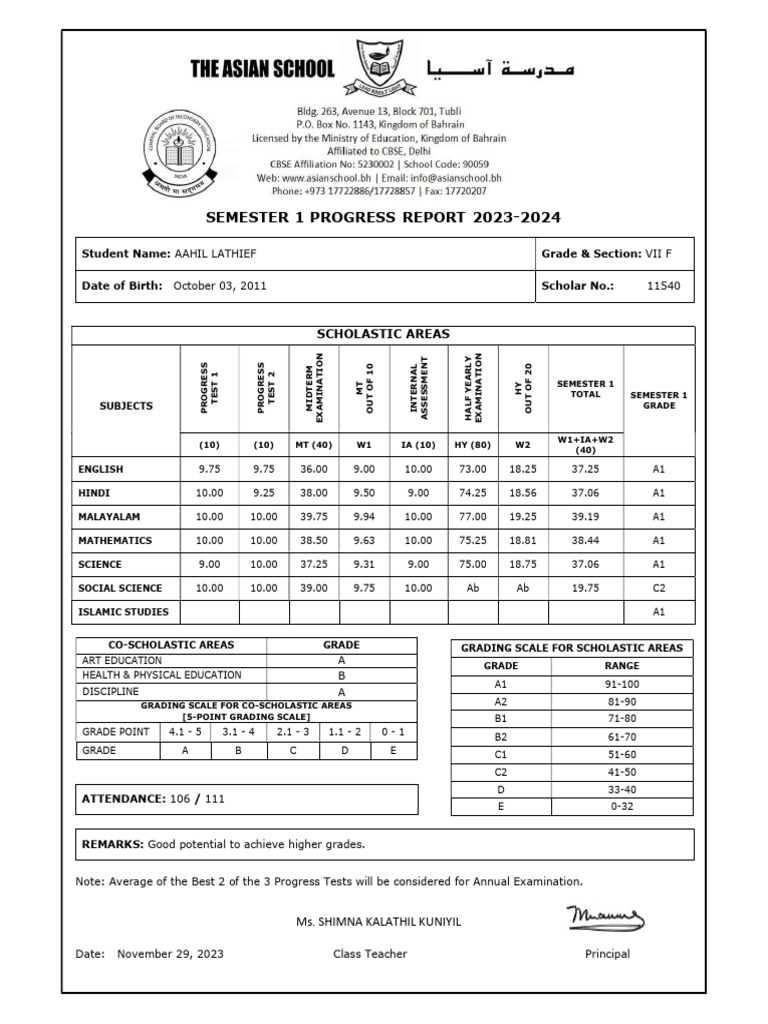 Grade VII F Progress Report | PDF | Science