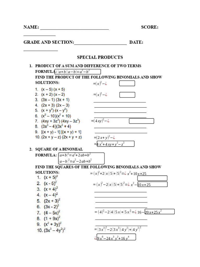 SPECIAL PRODUCTS Grade 7 | PDF