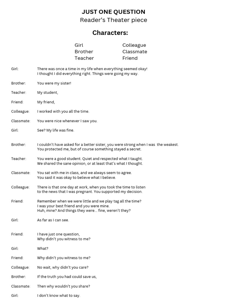Just One Question: A Reader's Theater Script | PDF | Jesus