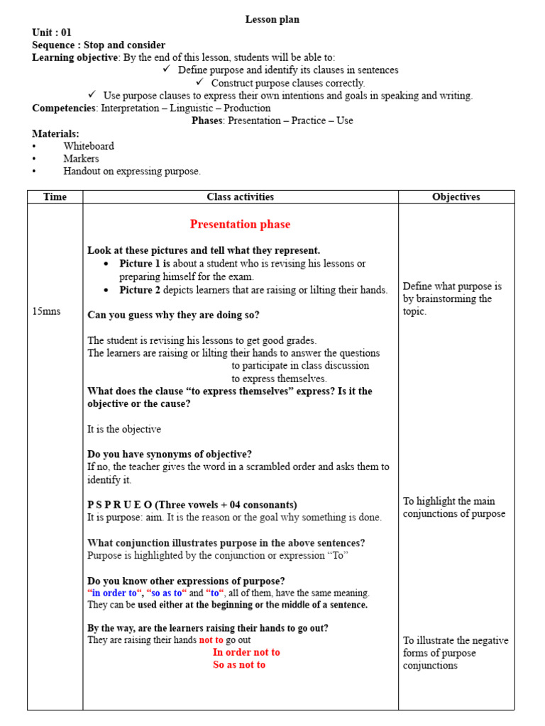 Lesson Plan Expressing Purpose | PDF