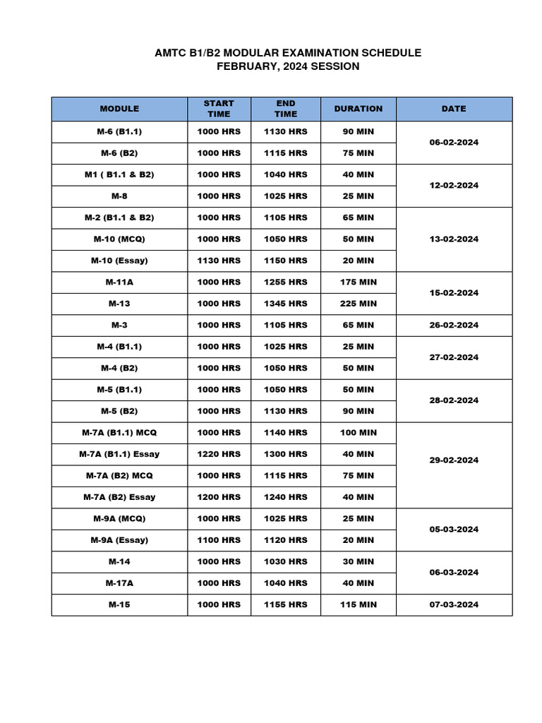 AMTC EXAM SCHEDULE Final February 2024 New | PDF