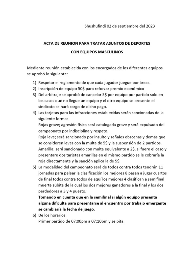 Acta de Reunion para Inicio de Campeonato Sitrem CPP 2023 | Descargar ...