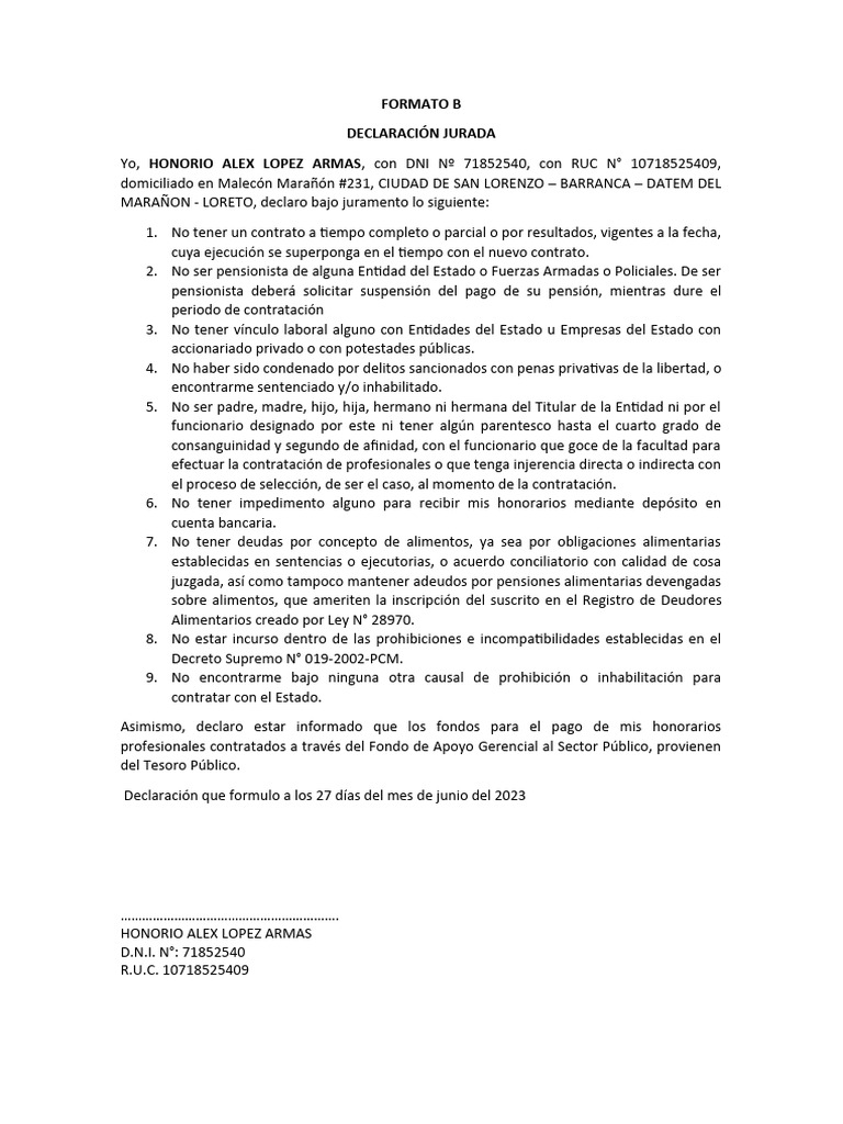 Formato B Declaracion Jurada 2020 | PDF