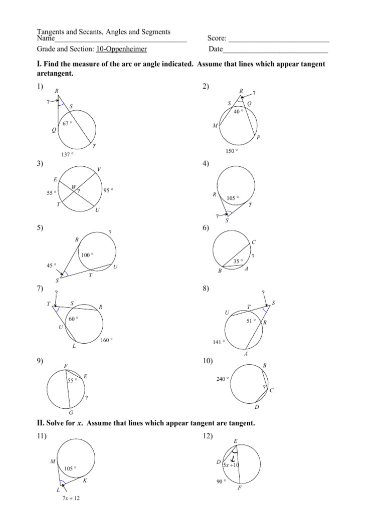 Tangent and Secant Angles and Segments MONDAY | PDF | Trigonometric ...