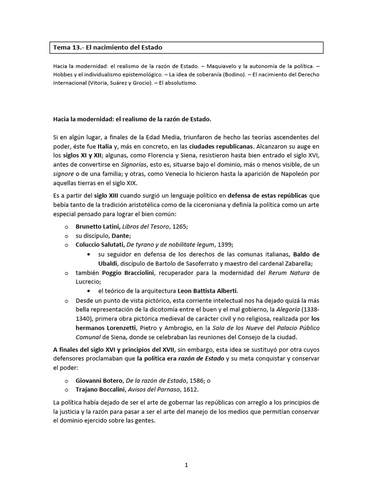 Esquema Tema 13 Nacimiento Del Estado | Descargar gratis PDF | La Ley natural | Soberanía