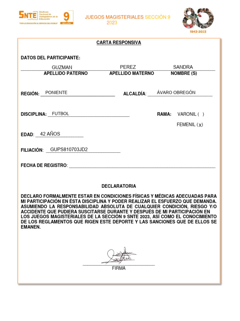 Carta Responsiva Snte 9 Sandra Guzman Perez | PDF