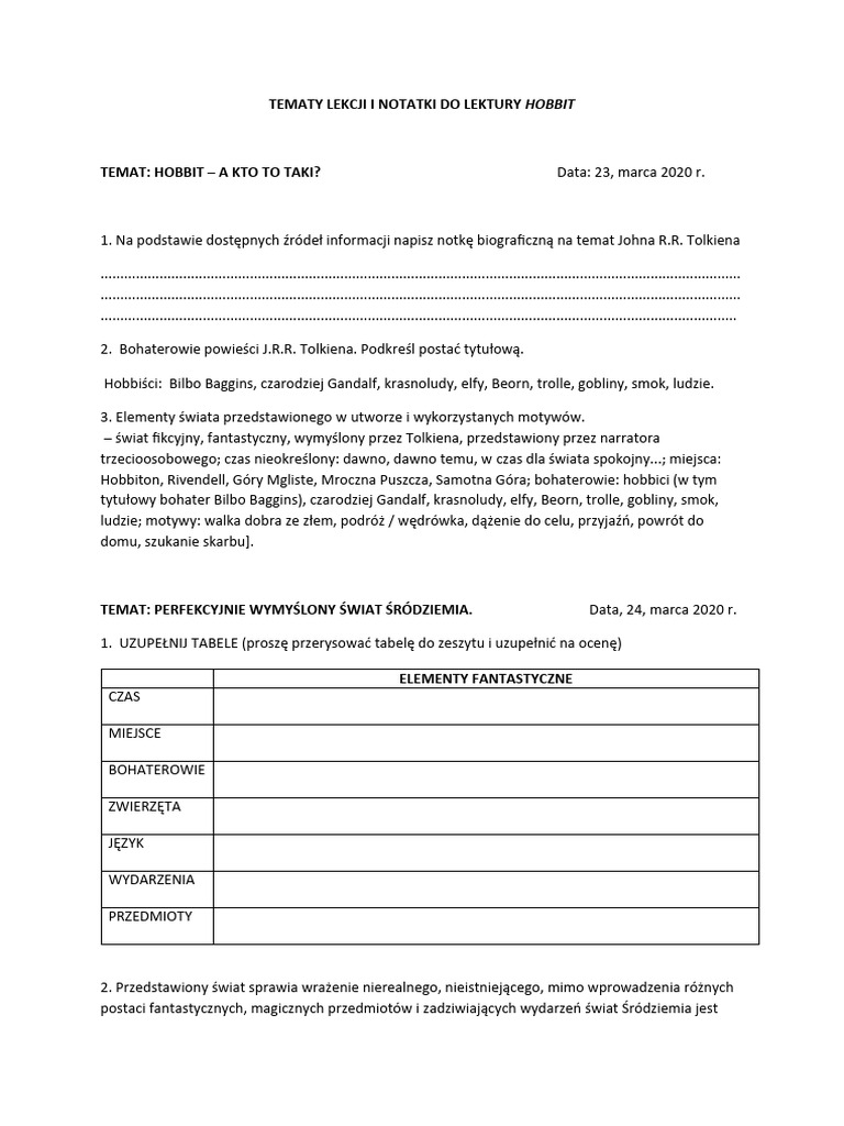 Notatki Do Lektury Hobbit | PDF