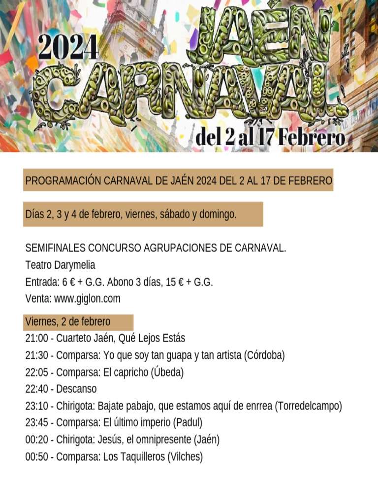 PROGRAMACIÓN CARNAVAL DE JAÉN 2024 DEL 2 AL 17 DE FEBRERO Días 2, 3 y 4 de - 20240120 - 105428 ...