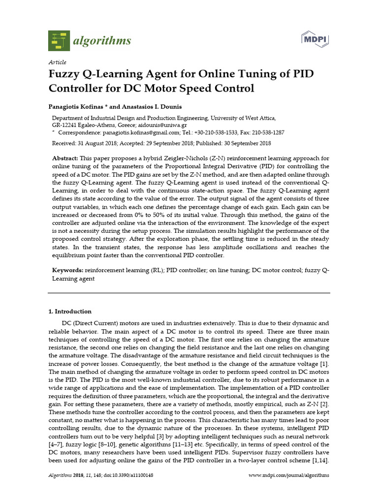 Fuzzy Q-Learning Agent For Online Tuning of PID Controller | PDF ...