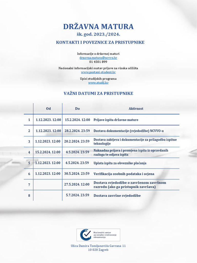 Vazni Datumi Infokartica Za Pristupnike | PDF