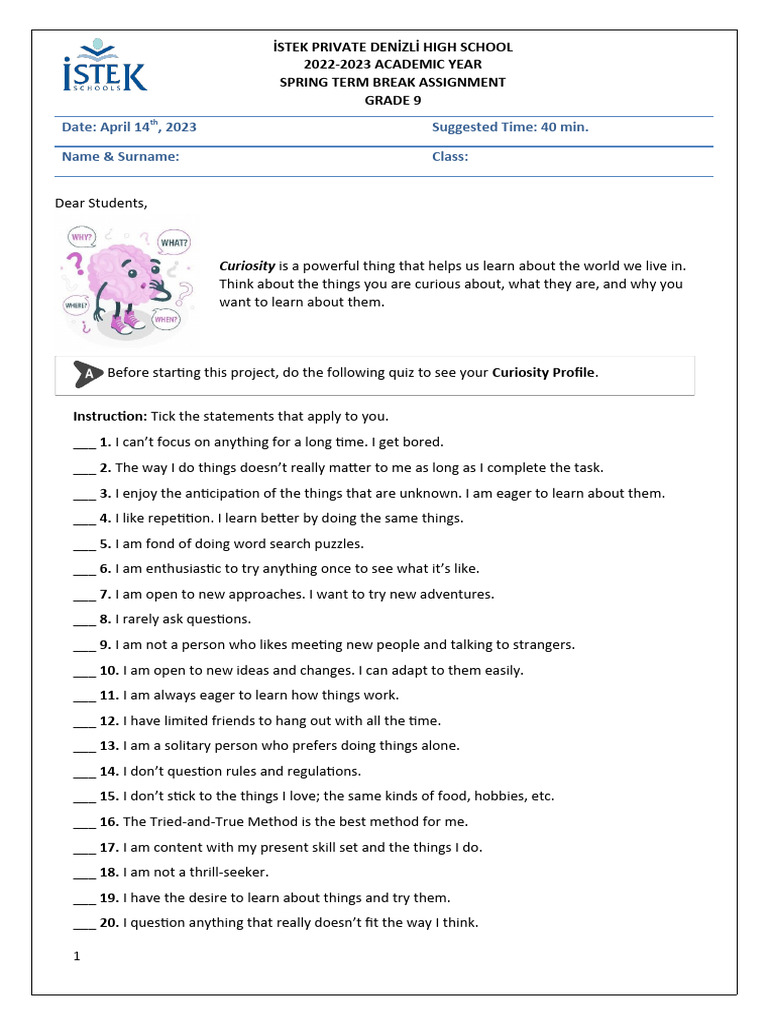 Iho Gr9. 2022-2023 Spring Break Assignment | PDF | Curiosity ...