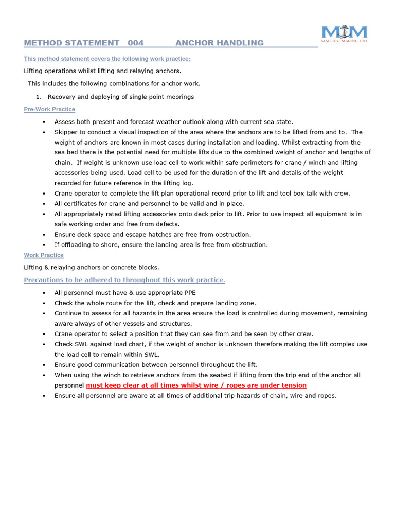 Anchor Handling Method Statement 0 | PDF | Anchor | Crane (Machine)