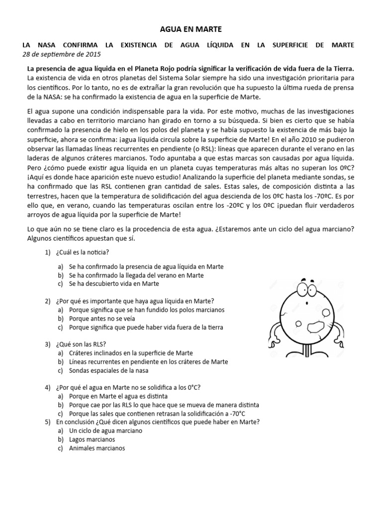 AGUA EN MARTE Comprensión de Lectura | PDF | Marte | Agua