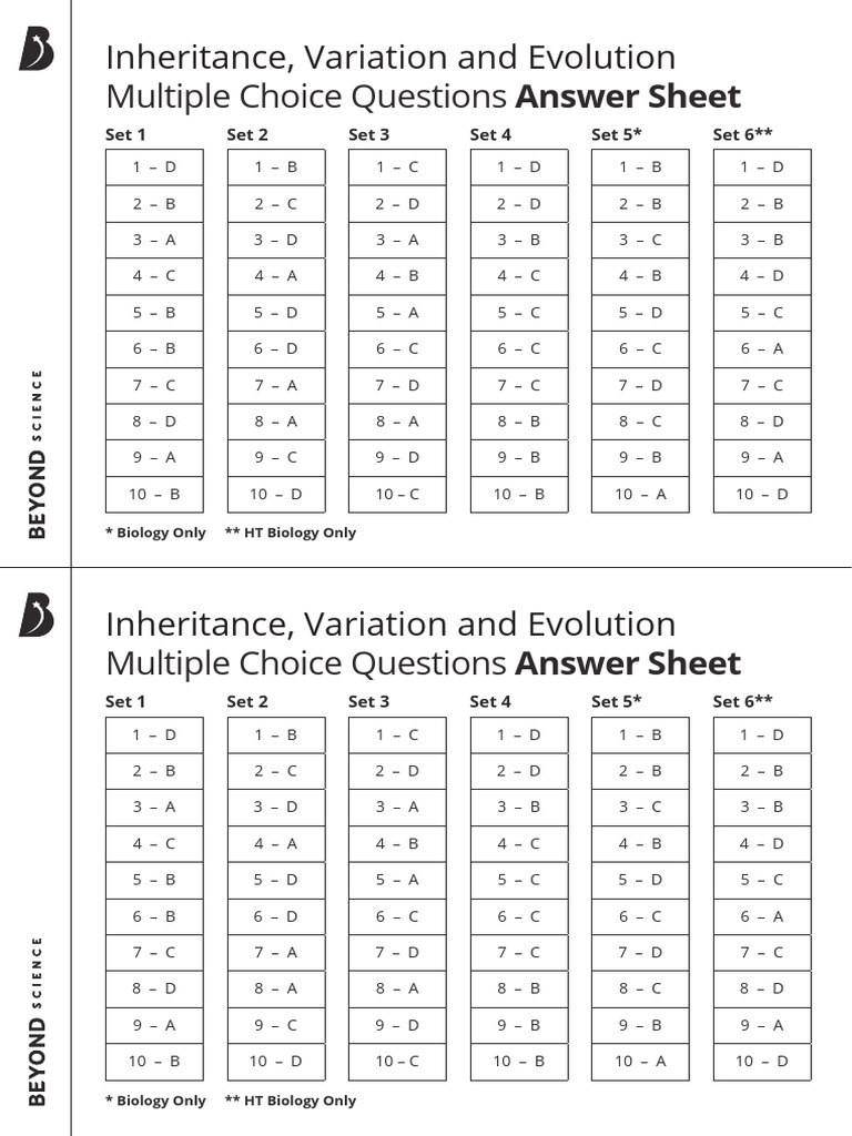 Inheritance, Variation and Evolution MCQs Answer Sheet | PDF