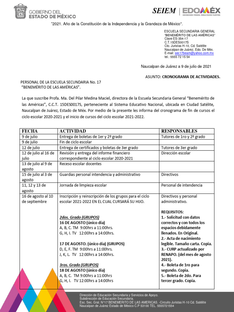 Cronograma Actividades SAE Conalep 2021 | PDF