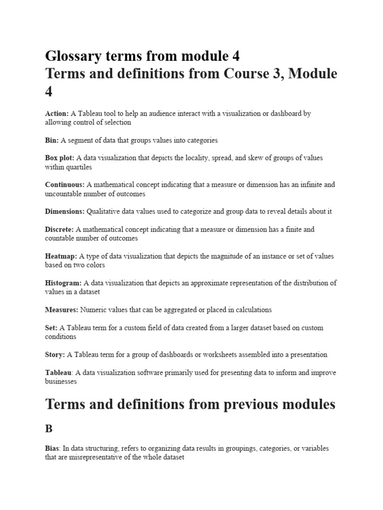 Glossary Terms From Module 4 | PDF | Data | Probability Distribution