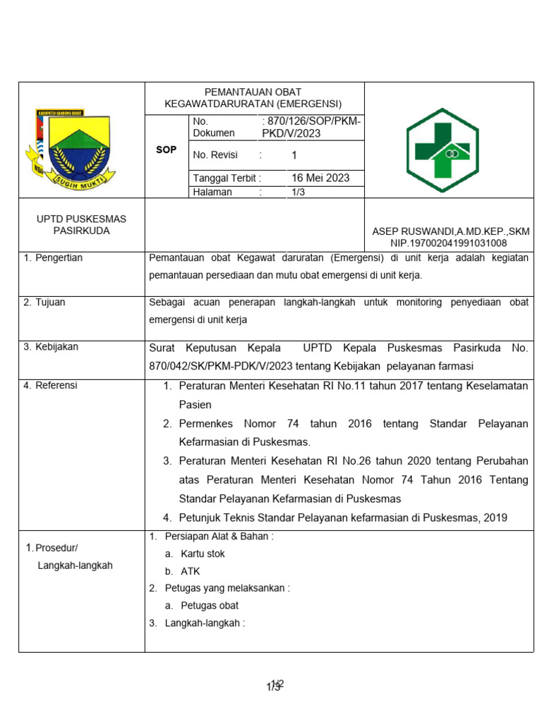 34 Sop Pemantauan Obat Emergensi | PDF