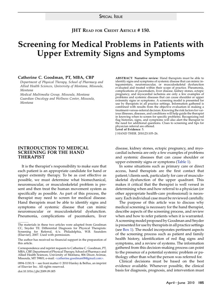 Screening For Medical Problems in Patients With Upper Extremity Signs ...