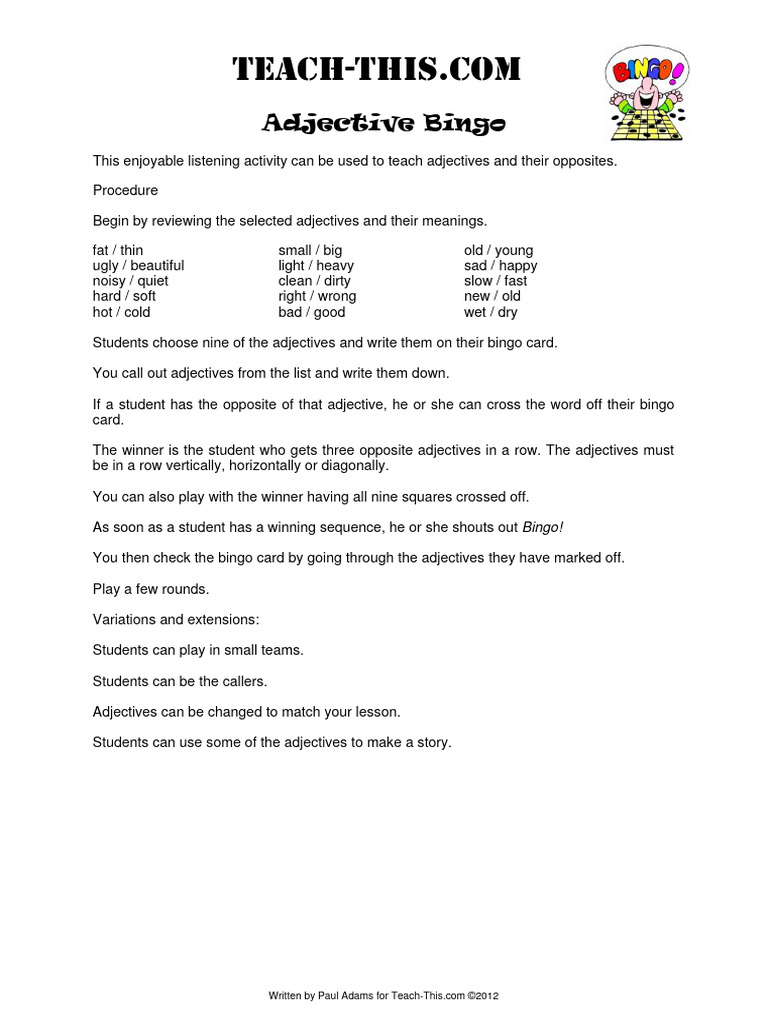 Adjective-Bingo 1 | PDF | Language Arts & Discipline