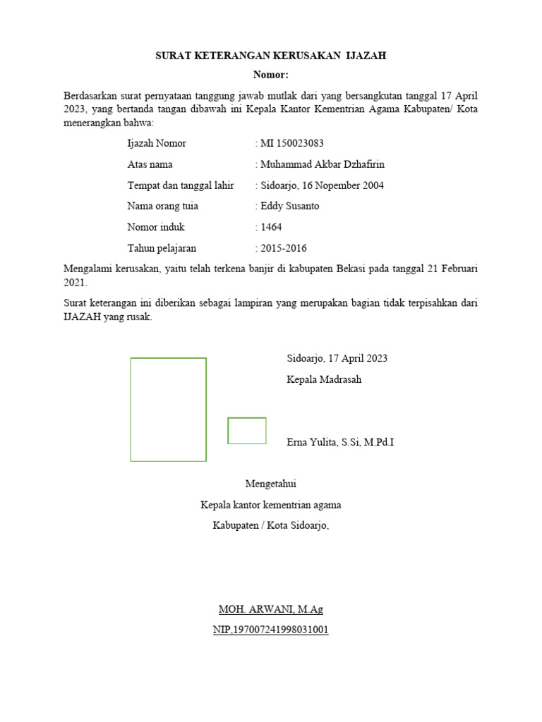 Surat Keterangan Ijazah Rusak Banjir | PDF