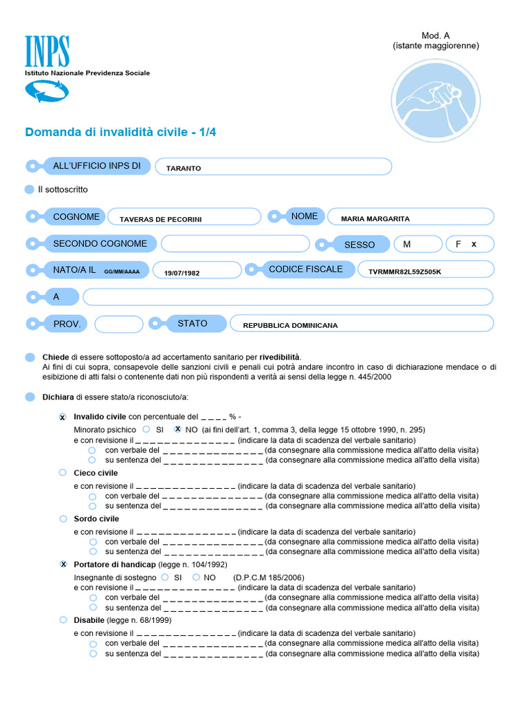 Domanda Di Invalidità Civile - 1/4: Mod. A (Istante Maggiorenne) | PDF