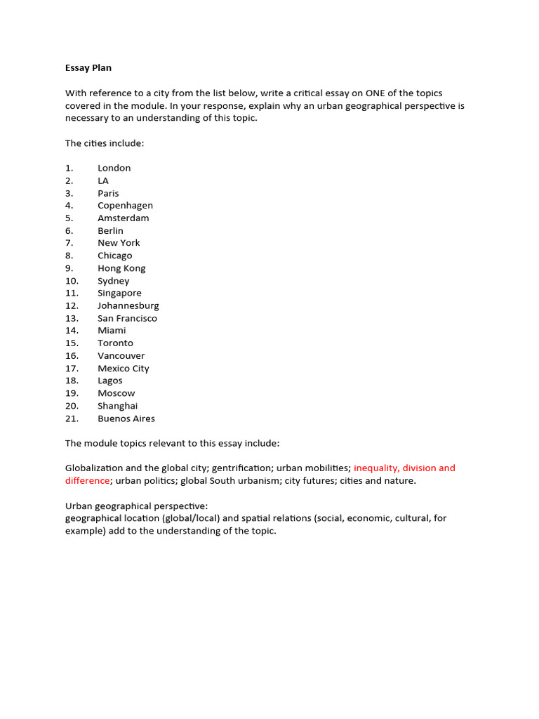 Essay Plan | PDF | Geography | Urban Geography