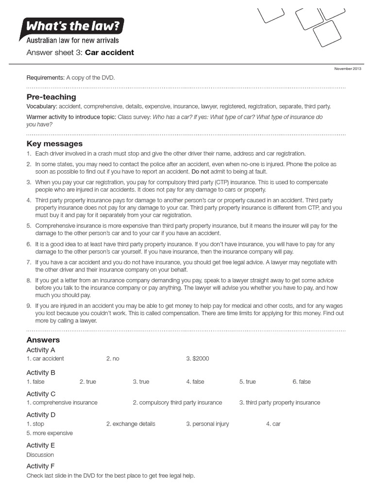 Vla Resource Whats The Law Car Accident Teacher Notes | PDF | Vehicle ...