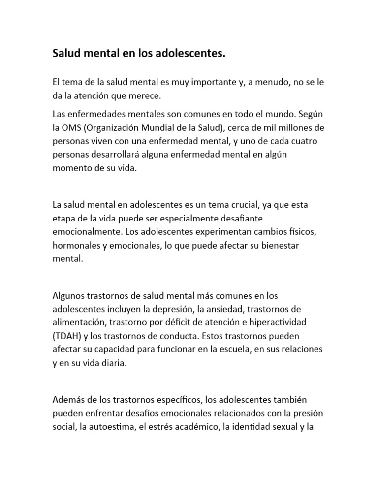 Salud Mental Adolescente: Desafíos y Trastornos | PDF