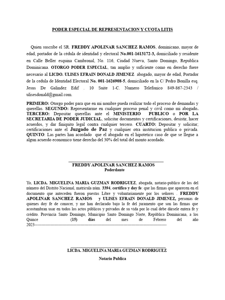 Poder Cuota Litis Freddy | PDF | República Dominicana | Gobierno
