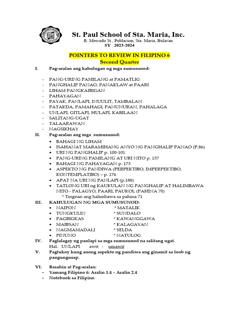 2nd Quarter Pointers To Review In Filipino 6 Sy 23 24 Pdf