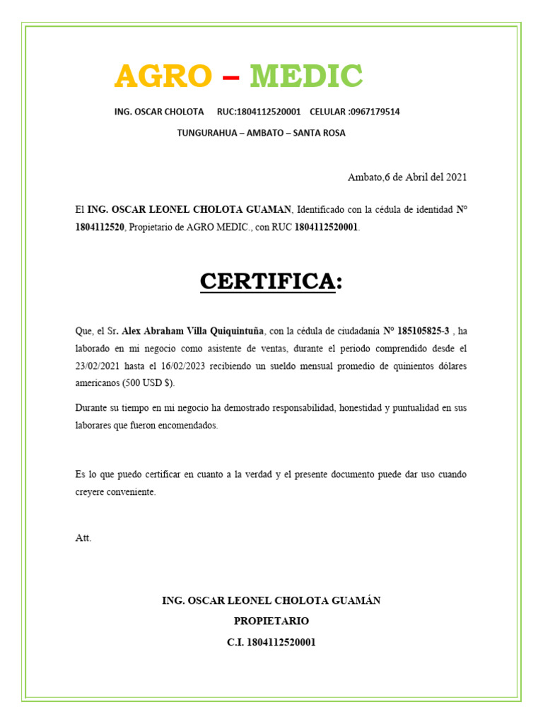 Certificado Agro Medic 2020 | PDF