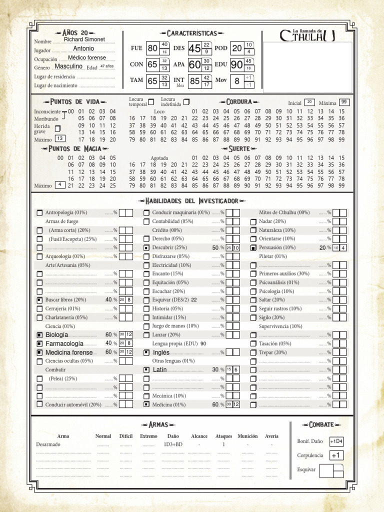 Ficha de Personaje Cthulhu | PDF
