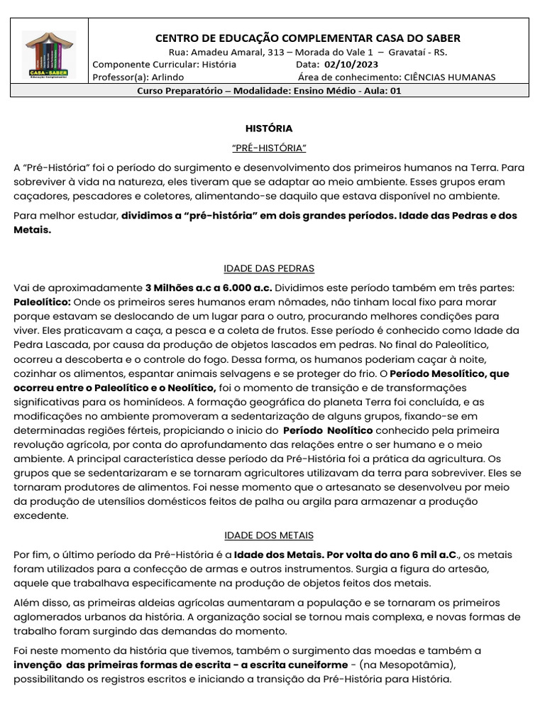 Aula 1 - História - Material Complementar | PDF | Paleolítico | Humano