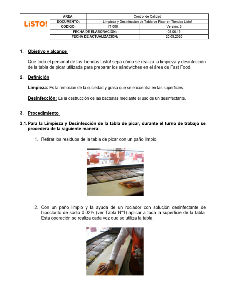 IT-008 Limpieza y Desinfección de Tabla de Picar en Tiendas Listo! | PDF | Blanqueador | Agua