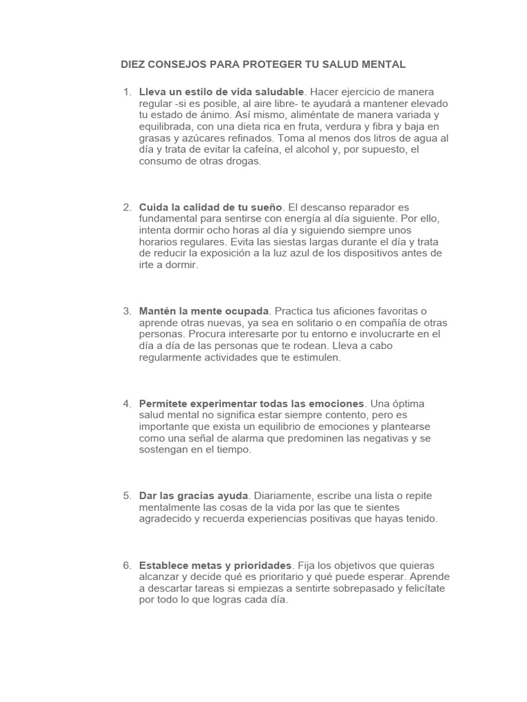 Diez Consejos Para Proteger Tu Salud Mental Pdf Té 