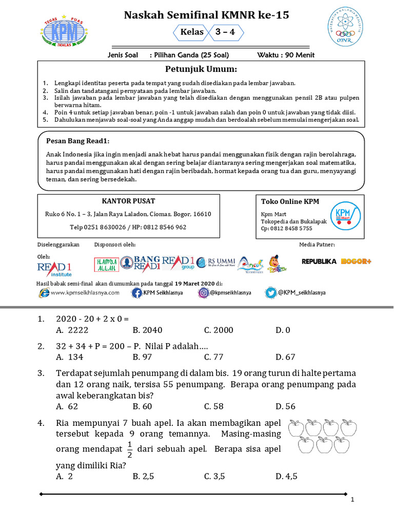 Soal Semifinal KMNR 15 - Kelas 3-4 | PDF