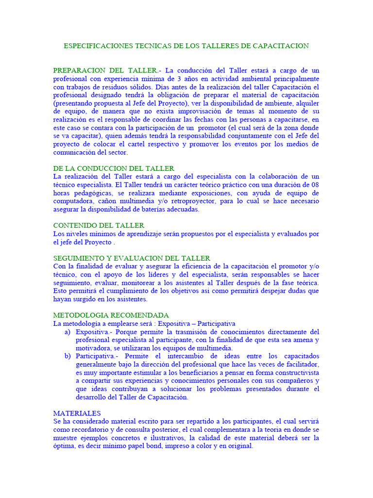 Especificaciones Tecnicas de Los Talleres de Capacitacion | PDF